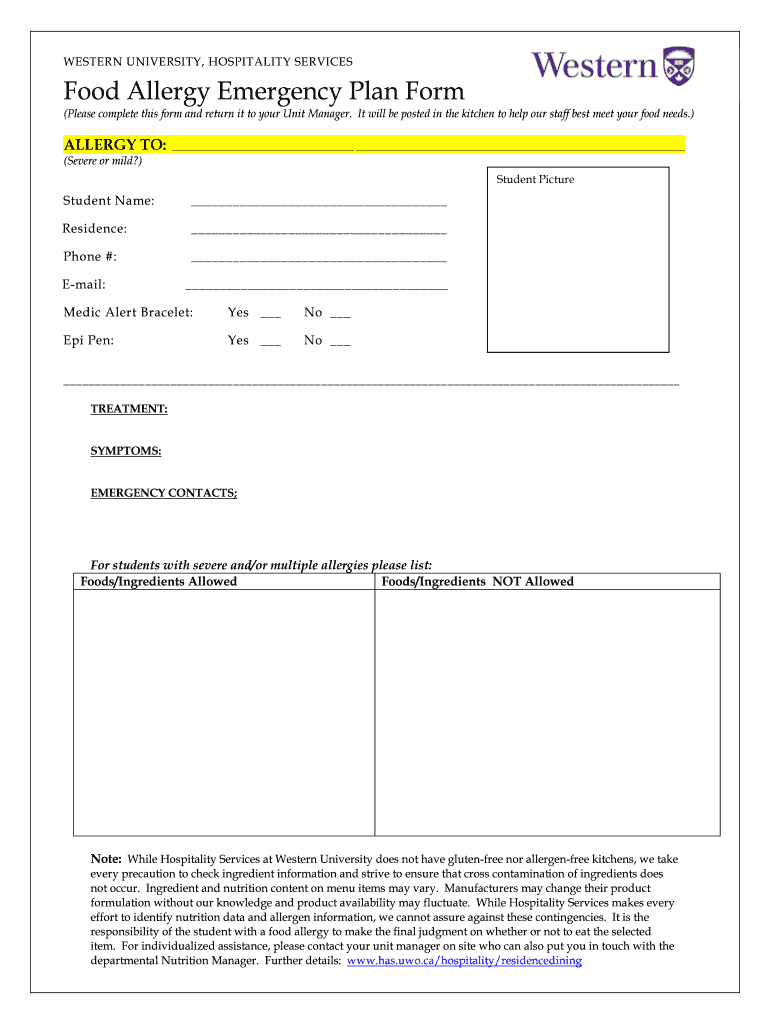 Fillable Online Food Allergy Emergency Plan Form - Housing and Food ...