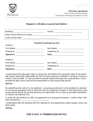 Fillable Online Request to Break a Lease Form - Housing & Ancillary ...