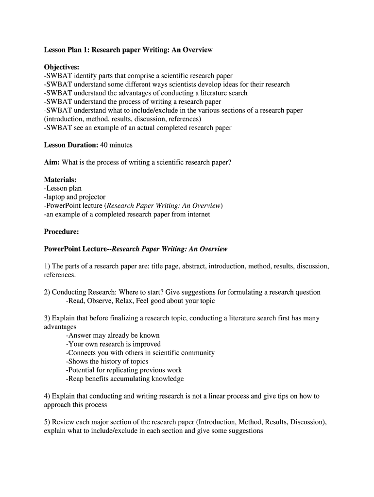 Fillable Online Lesson Plan 1: Research paper Writing: An Overview Fax ...
