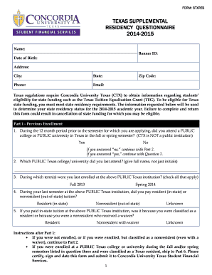 Fillable Online concordia Texas supplemental residency questionnaire ...