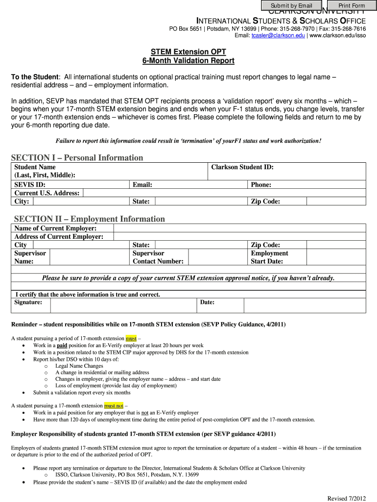 Fillable Online clarkson STEM Validation Report - Clarkson University Fax Email Print - pdfFiller