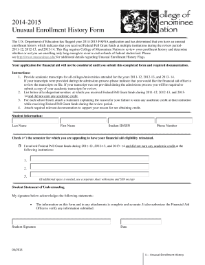 Fillable Online 2014-2015 Unusual Enrollment History Form - College of ... Fax Email Print ...