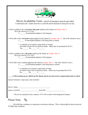 Fillable Online rivendell-school Driver Availability Formproof of ...