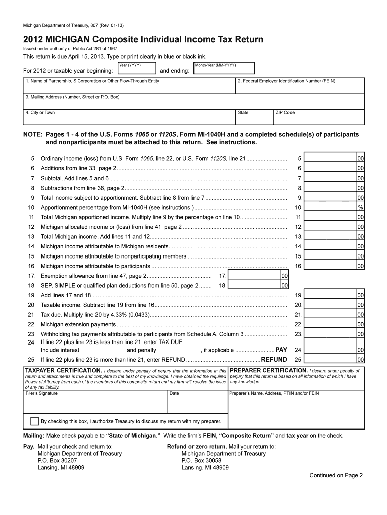 Fillable Online 807, 2012 Michiga Composite Individual Income ...