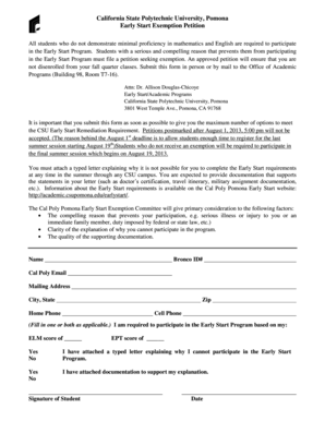 Fillable Online csupomona Early Start Exemption Petition - csupomona Fax Email Print - pdfFiller