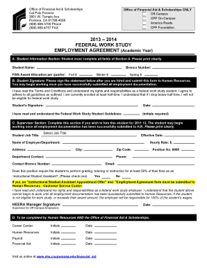 Fillable Online csupomona 2013 2014 FEDERAL WORK STUDY EMPLOYMENT ...