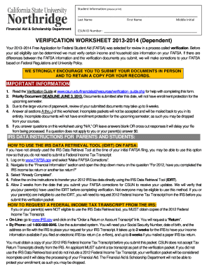 Fillable Online csun VERIFICATION WORKSHEET 2013-2014 (Dependent) CSUN ...