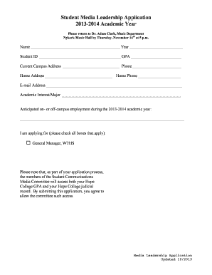 Fillable Online hope Student Media Leadership Application 2013-2014 ...