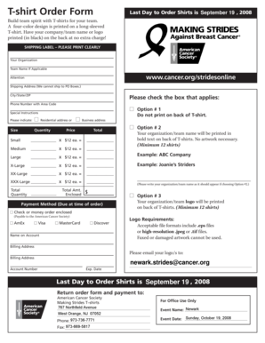 Fillable Online makingstrides acsevents T-shirt Order Form - Making ...