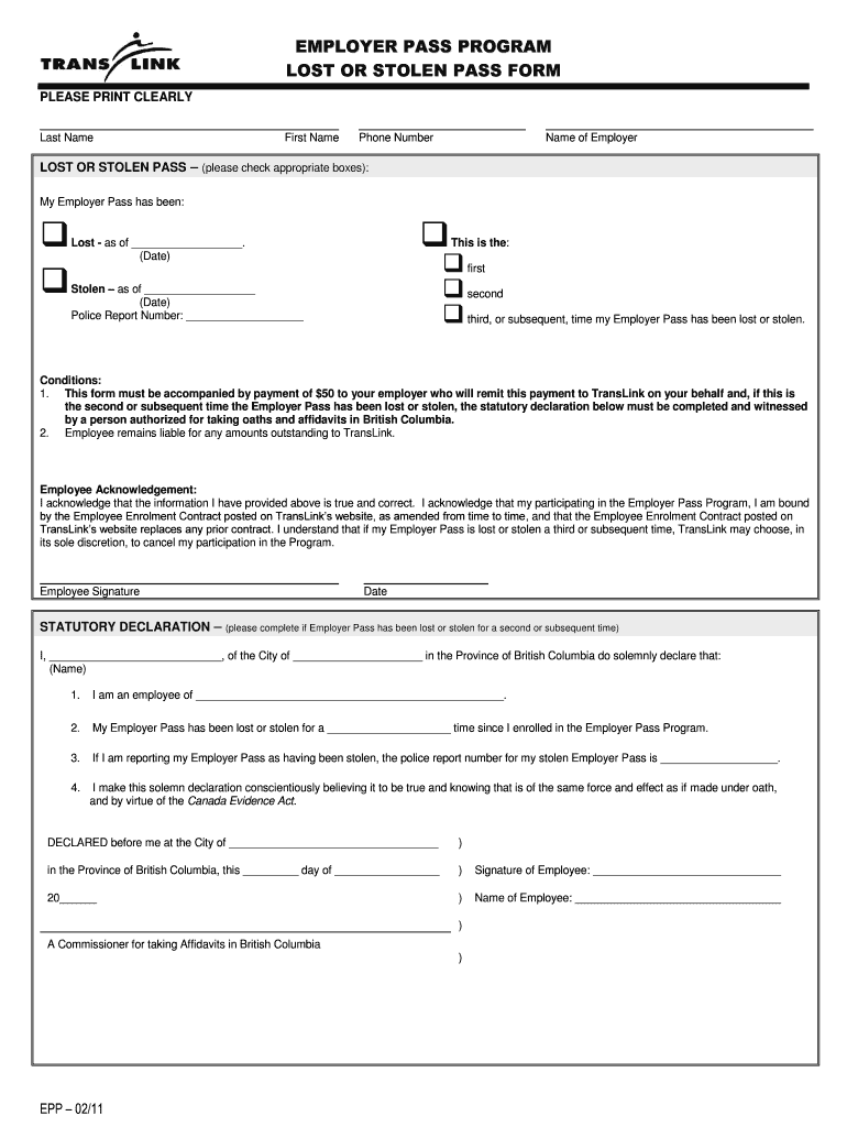 Fillable Online Lost or Stolen Pass Form - The Province of British Columbia Fax Email Print ...