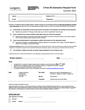Fillable Online U-Pass BC Exemption Request Form Summer 2012 Name ...