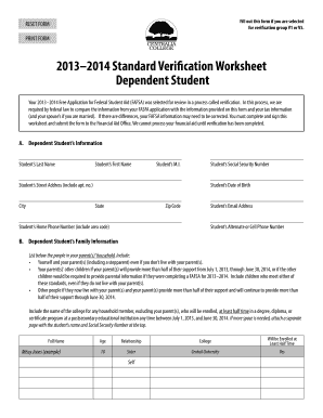 Fillable Online centralia 2013 2014 Standard Verification Worksheet ...