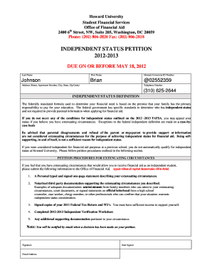 Fillable Online howard INDEPENDENT STATUS PETITION 2012-2013 - Howard ...