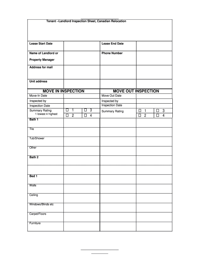 Fillable Online Tenant Landlord Inspection Sheet, Canadian Relocation ...