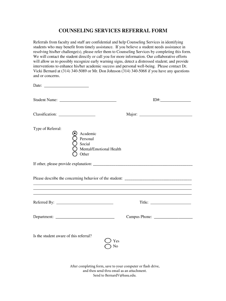 Fillable Online hssu COUNSELING SERVICES REFERRAL FORM Fax Email Print ...
