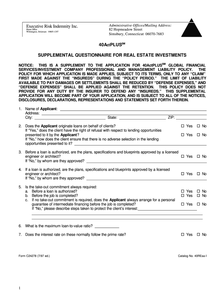 Fillable Online 40ActPLUSSM SUPPLEMENTAL QUESTIONNAIRE FOR REAL ... Fax ...