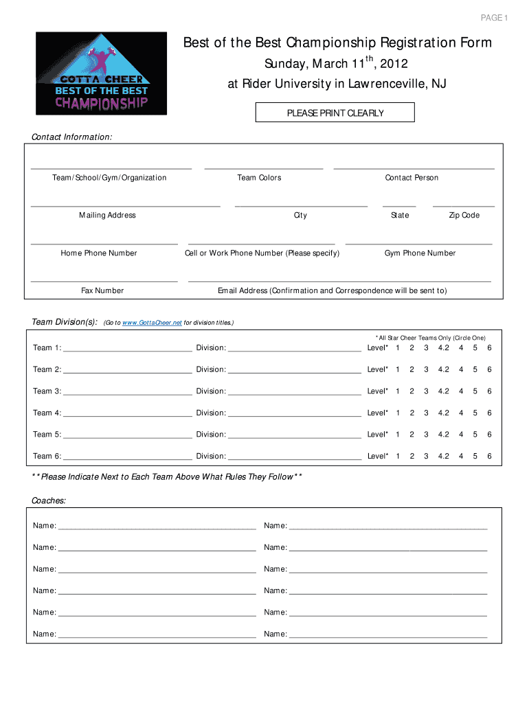 Fillable Online Best of the Best Championship Registration Form ...