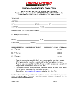 Fillable Online 2013 wka contingency claim form Fax Email Print - pdfFiller
