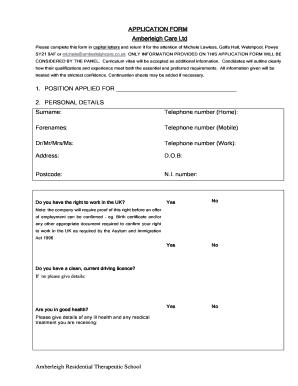 Fillable Online amberleighcare co Application form template ...