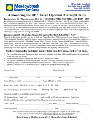 Fillable Online TWEEN overnight flyer 2013 - Meadowbrook Country Day ...