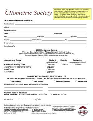 Fillable Online cliometrics Membership Types Student Regular Sustaining Cliometric Society ...