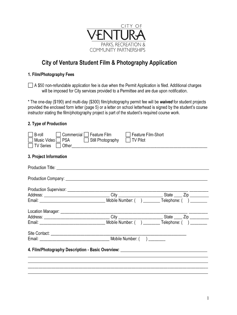 Fillable Online cityofventura Student Film & Photography Application ...