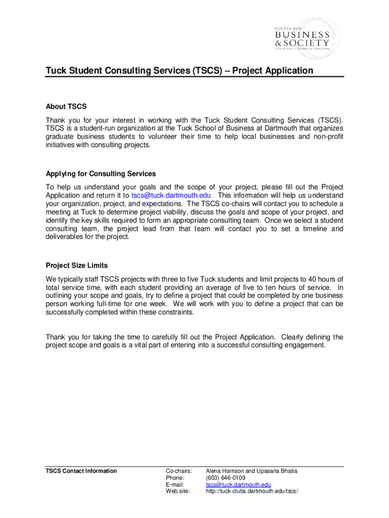 Fillable Online Tuck Student Consulting Services: Project Brief Fax ...