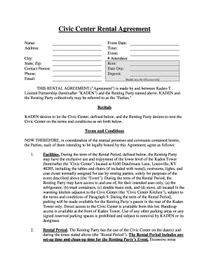 Fillable Online Civic Center Rental Agreement - Kaden Companies Fax ...