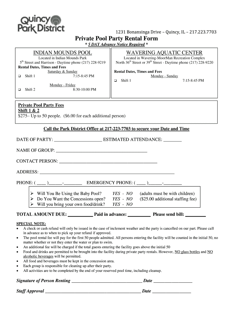 Fillable Online To download a Private Pool Party rental form. - Quincy ...