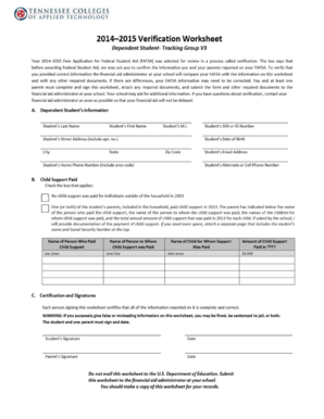 Fillable Online TENNESSEE COLLEGES OF APPLiEla TECHNOLOGY 2014-2015 Verification Worksheet ...