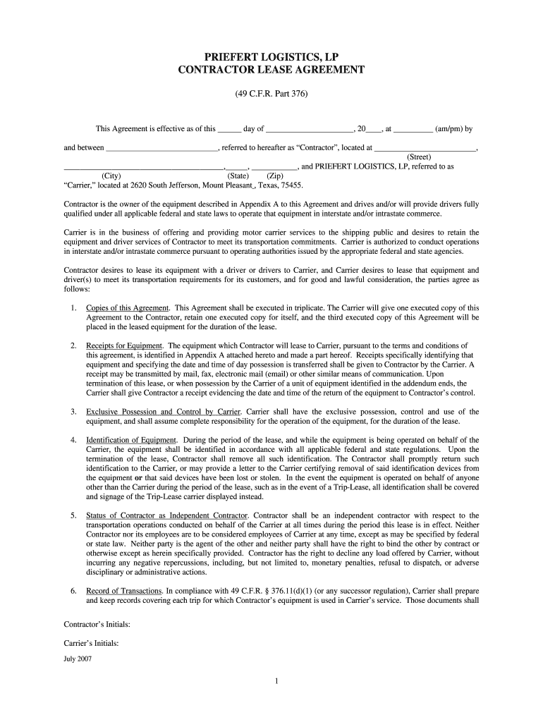 Owner Operator Lease Agreement Form Pdf Printable Form Templates And 