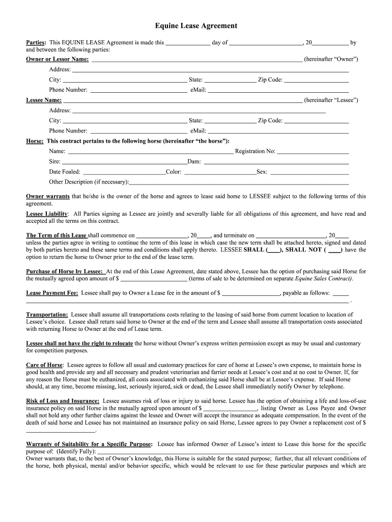 Horse Partial Lease Agreement Template Printable Form Templates And 