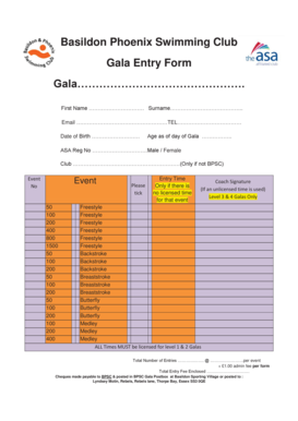 Fillable Online Basildon Phoenix Swimming Club Gala Entry Form Fax ...