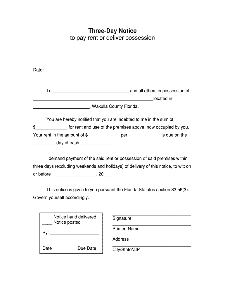 Fillable Online Three-Day Notice to pay rent or deliver possession ...