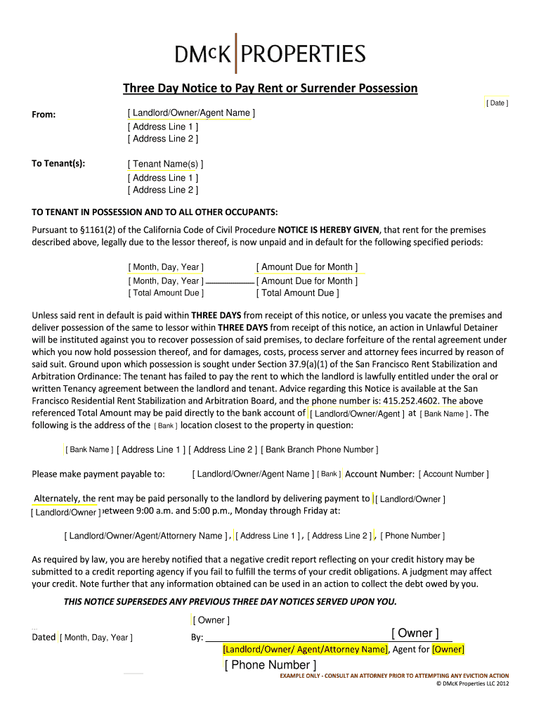 Fillable Online Three Day Notice to Pay Rent or Surrender Possession Fax Email Print - pdfFiller