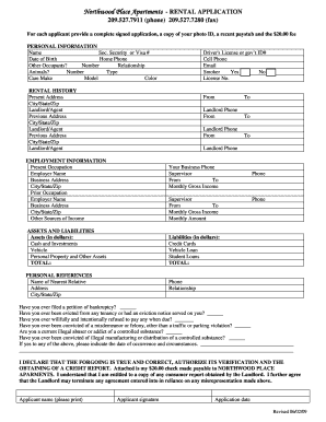Fillable Online Rental Application (PDF 44k) - Northwood Place Apartments Fax Email Print ...