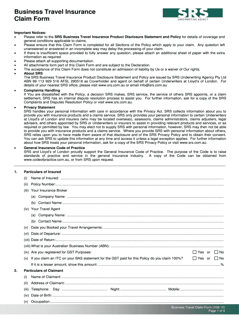 Fillable Online Business Travel Insurance Claim Form - SRS Underwriting ...
