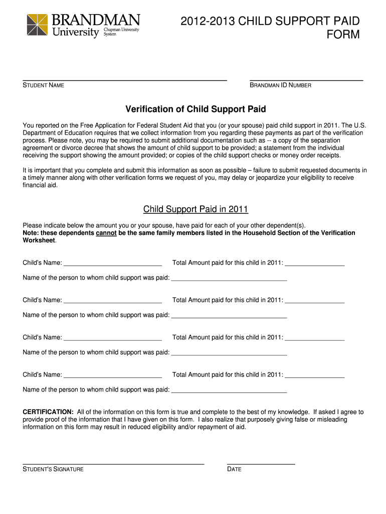 Fillable Online brandman 2012-2013 CHILD SUPPORT PAID FORM Fax Email Print - pdfFiller