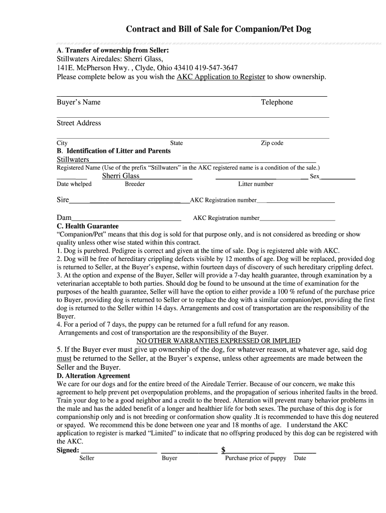 Akc Puppy Contract Template Fill Online Printable Fillable Blank 