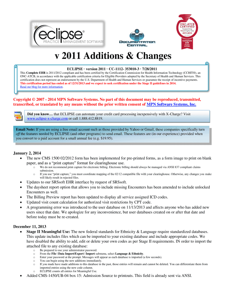 Fillable Online ECLIPSE v8 Additions & Changes - ECLIPSE Practice ...