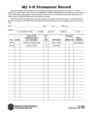 Fillable Online extension oregonstate My 4-H Permanent Record Fax Email Print - pdfFiller