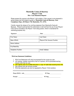 Fillable Online The printable win/loss statement - Monticello Casino and Raceway Fax Email Print ...