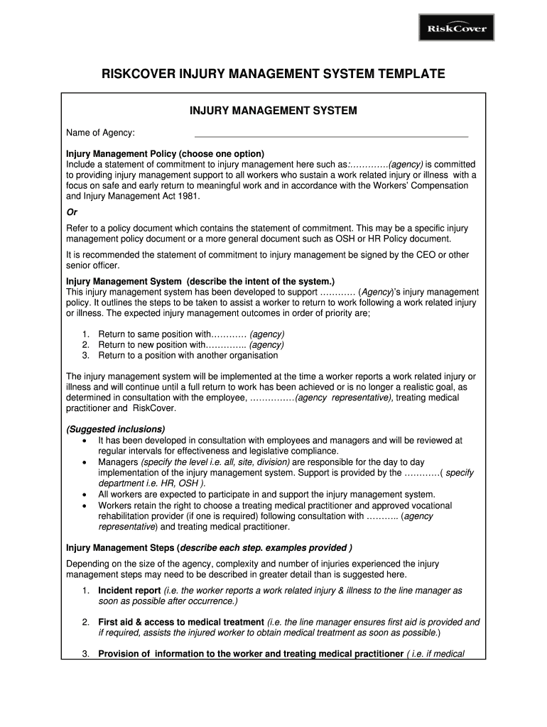 Fillable Online riskcover wa gov RISKCOVER INJURY MANAGEMENT SYSTEM ...