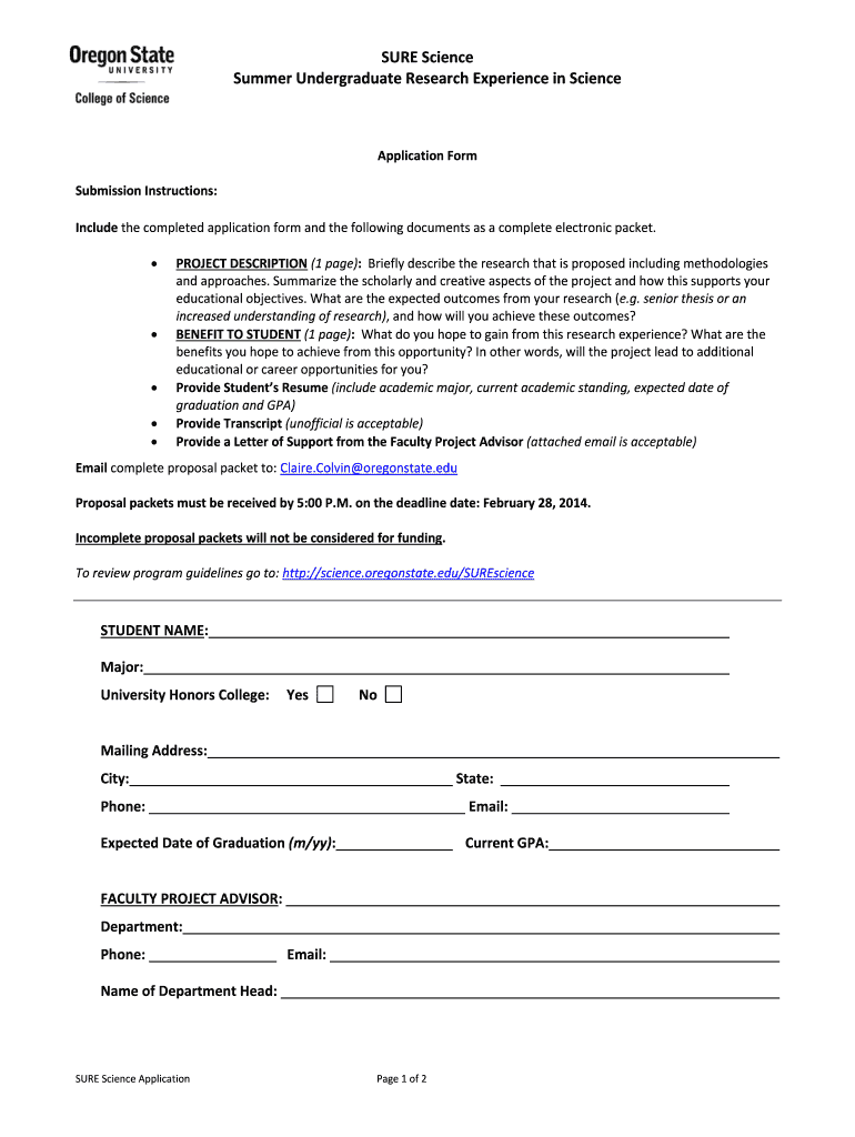 Fillable Online science oregonstate SURE Science Summer Undergraduate ...