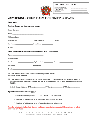 Fillable Online 2009 registration form for visiting teams Fax Email ...