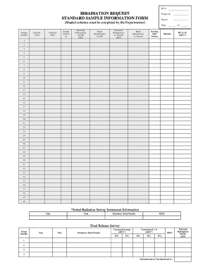 Fillable Online IR #: IRRADIATION REQUEST STANDARD SAMPLE INFORMATION ...