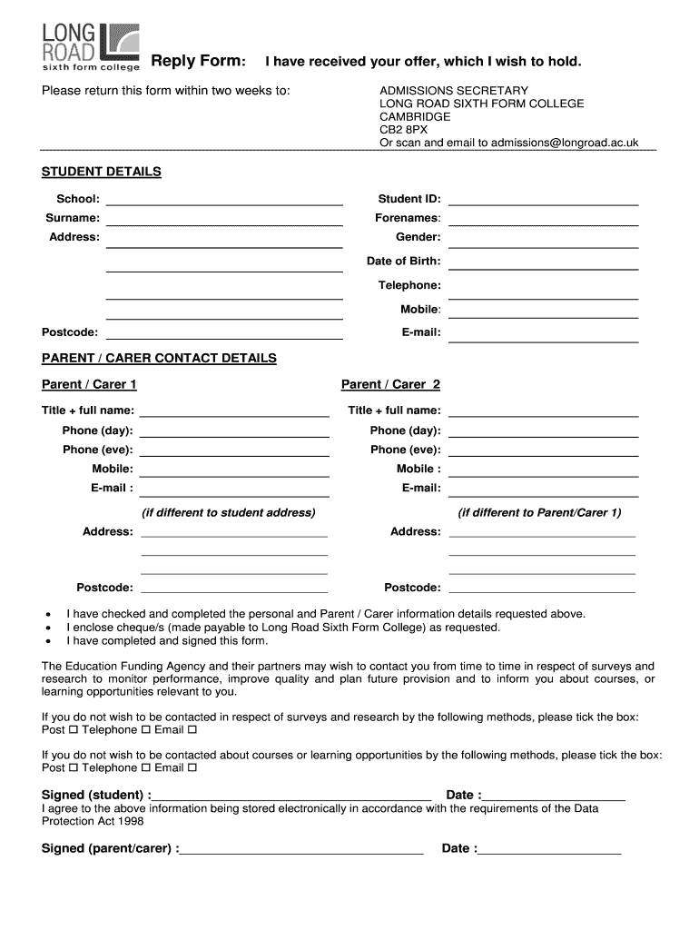 Fillable Online Reply Form: I have received your offer, which I wish to hold. Fax Email Print ...