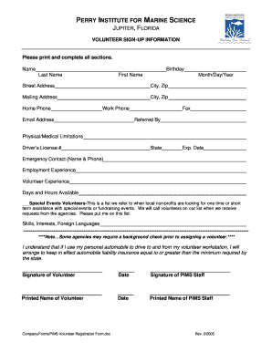 Fillable Online perryinstitute PIMS Volunteer Registraion Form.PDF Fax ...