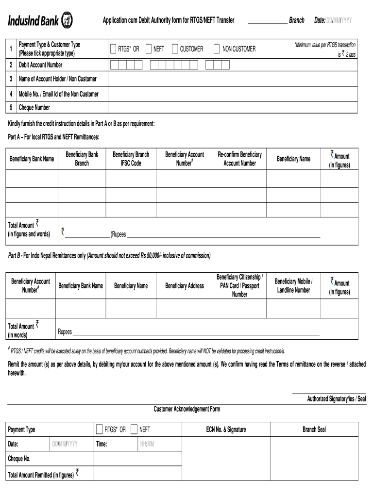Indusind Bank Rtgs Form Fill Online Printable Fillable Blank 