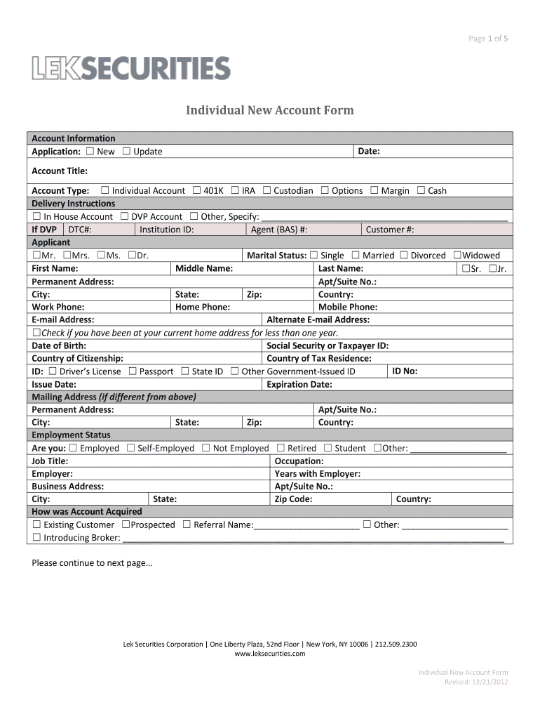 Fillable Online Individual New Account Form - Lek Securities Fax Email ...